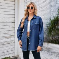 China Women's Vintage Stone-Wash Denim Shirt with Frayed Edge Details and Adjustable Cuff Buttons for sale