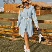 China Women's Vintage Stone-Wash Denim Dress with Oversized Loose Fit and Raw Frayed Edges for sale