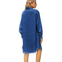 China Women's Vintage Stone-Wash Denim Dress with Oversized Loose Fit and Raw Frayed Edges for sale