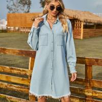 China Women's Vintage Stone-Wash Denim Dress with Oversized Loose Fit and Raw Frayed Edges for sale