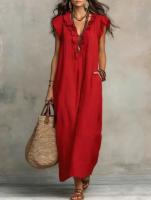 China European Style Cotton Linen Dress with Breathable Fabric, Flowy Ruffle Sleeves, and Flattering V-Neck for Summer for sale