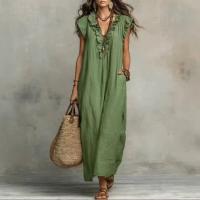 China European Style Cotton Linen Dress with Breathable Fabric, Flowy Ruffle Sleeves, and Flattering V-Neck for Summer for sale