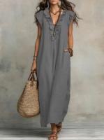 China European Style Cotton Linen Dress with Breathable Fabric, Flowy Ruffle Sleeves, and Flattering V-Neck for Summer for sale