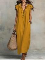 China European Style Cotton Linen Dress with Breathable Fabric, Flowy Ruffle Sleeves, and Flattering V-Neck for Summer for sale
