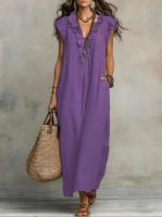 China European Style Cotton Linen Dress with Breathable Fabric, Flowy Ruffle Sleeves, and Flattering V-Neck for Summer for sale