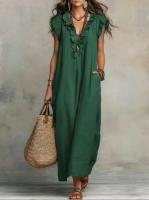China European Style Cotton Linen Dress with Breathable Fabric, Flowy Ruffle Sleeves, and Flattering V-Neck for Summer for sale