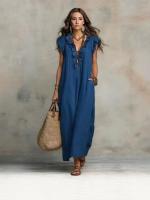 China European Style Cotton Linen Dress with Breathable Fabric, Flowy Ruffle Sleeves, and Flattering V-Neck for Summer for sale