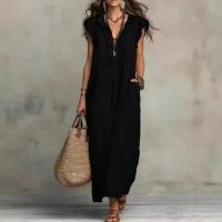 China European Style Cotton Linen Dress with Breathable Fabric, Flowy Ruffle Sleeves, and Flattering V-Neck for Summer for sale