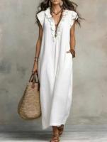 China European Style Cotton Linen Dress with Breathable Fabric, Flowy Ruffle Sleeves, and Flattering V-Neck for Summer for sale