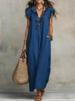 China European Style Cotton Linen Dress with Breathable Fabric, Flowy Ruffle Sleeves, and Flattering V-Neck for Summer for sale