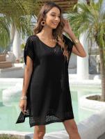 China V-neck Hollow-out Stitching Loose Beach Dress for Seaside Vacation Cover-up for sale