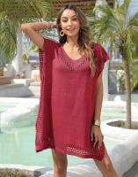 China V-neck Hollow-out Stitching Loose Beach Dress for Seaside Vacation Cover-up for sale