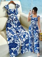China Women's Square Neck Ruffle Sleeve Pineapple Print Casual Jumpsuit for Summer Vacation for sale