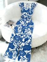 China Women's Square Neck Ruffle Sleeve Pineapple Print Casual Jumpsuit for Summer Vacation for sale