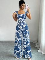 China Women's Square Neck Ruffle Sleeve Pineapple Print Casual Jumpsuit for Summer Vacation for sale