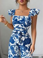 China Women's Square Neck Ruffle Sleeve Pineapple Print Casual Jumpsuit for Summer Vacation for sale
