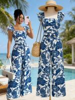 China Women's Square Neck Ruffle Sleeve Pineapple Print Casual Jumpsuit for Summer Vacation for sale