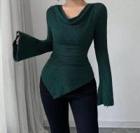 China Women's Ribbed Knit Top with Off-Shoulder Design and Flared Long Sleeves for Autumn Winter for sale