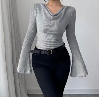 China Women's Ribbed Knit Top with Off-Shoulder Design and Flared Long Sleeves for Autumn Winter for sale