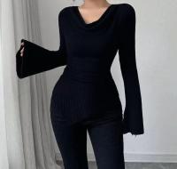 China Women's Ribbed Knit Top with Off-Shoulder Design and Flared Long Sleeves for Autumn Winter for sale