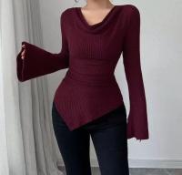 China Women's Ribbed Knit Top with Off-Shoulder Design and Flared Long Sleeves for Autumn Winter for sale
