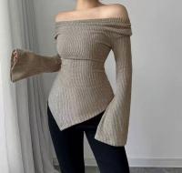 China Women's Ribbed Knit Top with Off-Shoulder Design and Flared Long Sleeves for Autumn Winter for sale