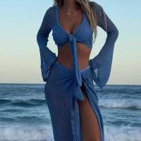 China Lace-Up Beach Dress Set with Sun Protection and Flared Long Sleeves for a Flowy Photogenic Look for sale