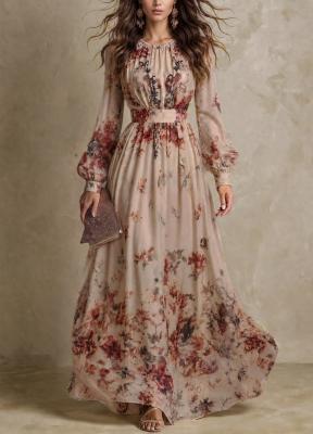 China Vintage Retro Floral Print Waist-Cinching Slimming A-Line Dress with Soft Comfortable Fabric for sale