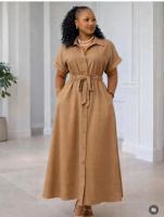 China Women Beige Shirt Collar Midi Dress Waist Tie Elegant Casual Office Dress OEM Custom for sale