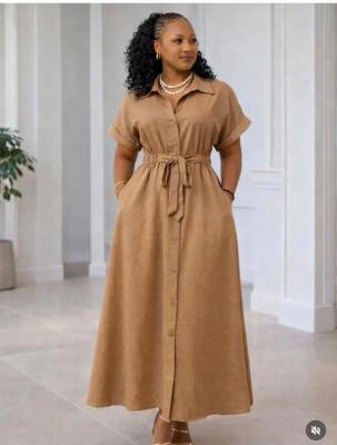 China Women Beige Shirt Collar Midi Dress Waist Tie Elegant Casual Office Dress OEM Custom for sale