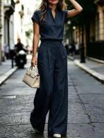 China Women's 2-Piece Outfit with Notched V-Neck Shirt and Wide-Leg Pants in Soft Lightweight Fabric for sale