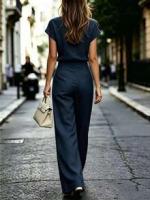 China Women's 2-Piece Outfit with Notched V-Neck Shirt and Wide-Leg Pants in Soft Lightweight Fabric for sale
