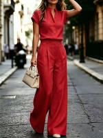 China Women's 2-Piece Outfit with Notched V-Neck Shirt and Wide-Leg Pants in Soft Lightweight Fabric for sale