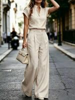 China Women's 2-Piece Outfit with Notched V-Neck Shirt and Wide-Leg Pants in Soft Lightweight Fabric for sale