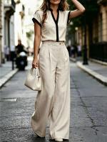 China Women's 2-Piece Outfit with Notched V-Neck Shirt and Wide-Leg Pants in Soft Lightweight Fabric for sale