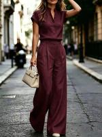 China Women's 2-Piece Outfit with Notched V-Neck Shirt and Wide-Leg Pants in Soft Lightweight Fabric for sale