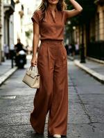 China Women's 2-Piece Outfit with Notched V-Neck Shirt and Wide-Leg Pants in Soft Lightweight Fabric for sale