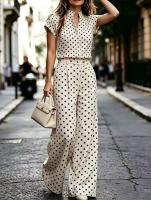 China Women's 2-Piece Outfit with Notched V-Neck Shirt and Wide-Leg Pants in Soft Lightweight Fabric for sale