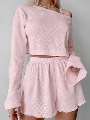 China Skin-friendly and soft highly stretchy breathable women's loungewear two-piece set with long-sleeve top and shorts for sale