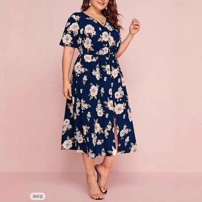 China Flattering High Waist A-Line Dress with Fresh Floral Print and Adjustable Waist Tie for Elegant Summer Style for sale
