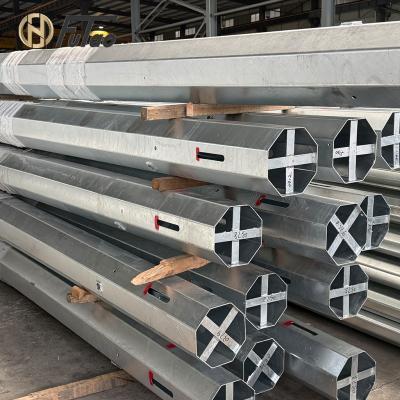 China 12m 40ft Q460 Hot-Dip Galvanized Octagonal Steel Utility Pole – 3-Section Slip-Jointed Power Distribution Pole with Internal Cross Reinforcement for sale
