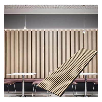 China Acoustic Slat Wood Panel 27mm 13mm Gap MDF Sound Absorbing Wall Panel 600x2400mm for sale