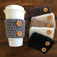 China Y-Z Neutral Color Reusable Farm House Crochet Coffee Sleeve Cup Cozy with Wood Buttons for sale