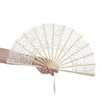 China Y-Z Vintage Wedding Lace Bamboo Folding Fan Hollow Cotton and Linen Dance Bride Tassel Big Hand Fans for sale