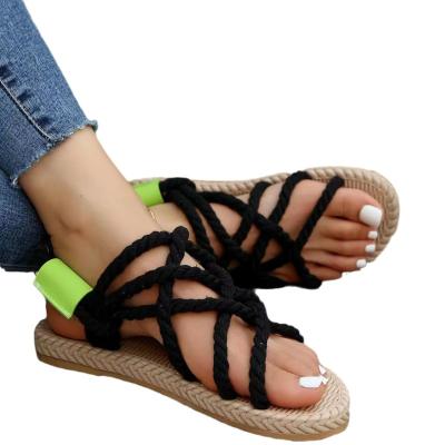 China Y-Z Bohemian Summer Beach Designer Fish Mouth Flat Female Stripy Sandals Shoes for Women and Ladies Sandals for sale