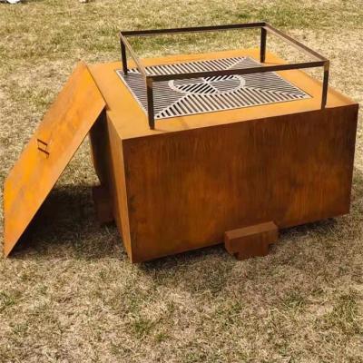 China Large Corten Steel Wood Burning Square Fire Pit Table For Outdoor Cooking for sale