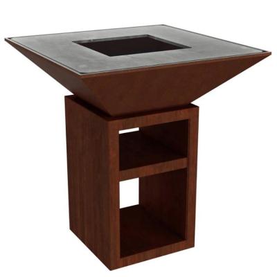 China Outdoor Kitchen Tall Base Square Corten Steel Wood Burning Fire Pit Grill for sale