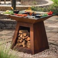 China Wood Burning Trapezoid Base Outdoor Cooking Base Corten Steel Fire Pit BBQ Grill for sale