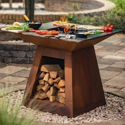 China Wood Burning Trapezoid Base Outdoor Cooking Base Corten Steel Fire Pit BBQ Grill for sale