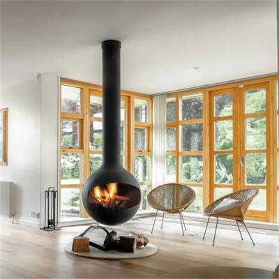 China Luxury Morden Black Rotating Spherical Suspended Wood Burning Fireplace for sale